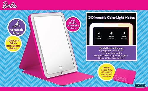 eKids Barbie Travel Mirror with Light and Adjustable Stand, Shatterproof Makeup Mirror with Rechargeable Battery, Designed for Fans of Barbie Accessories and Gifts