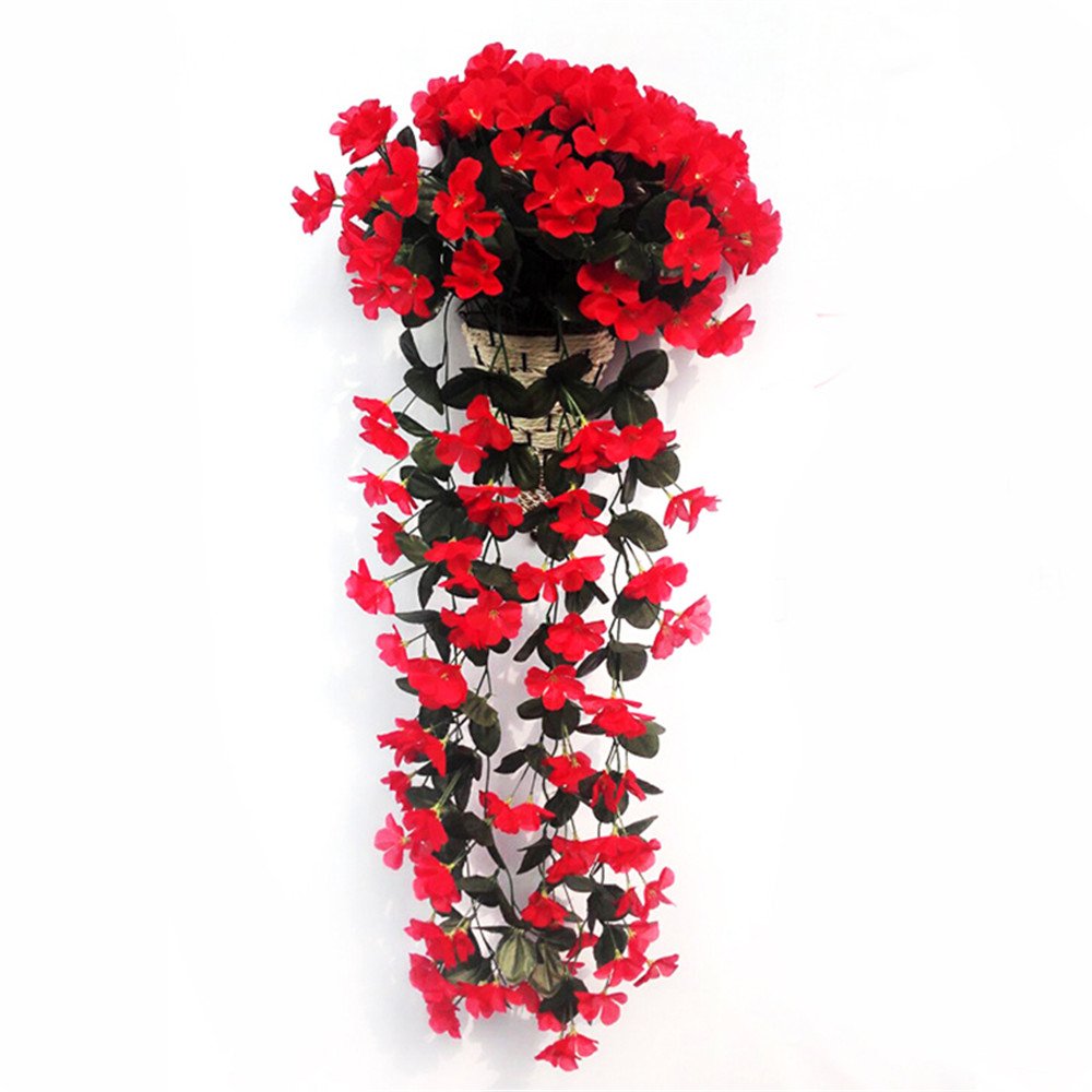 Takefuns 2Pcs Artificial Violet Flower Hanging Vine Garland, Wall Wisteria Basket, Simulation Rattan Plant for Outdoor Balcony Garden Party Wedding Decorations (Red)