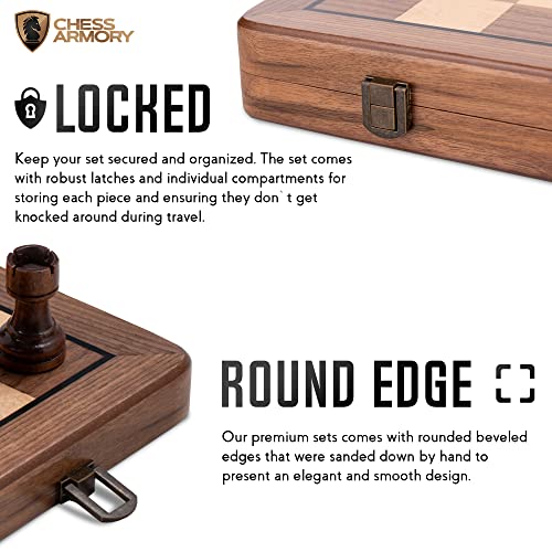 Chess Armory Premium Checkers and Chess Set - Wooden Board Game with a Portable Wood Case and Secure Storage for Pieces, Set for Kids and Adults (Walnut Wood)