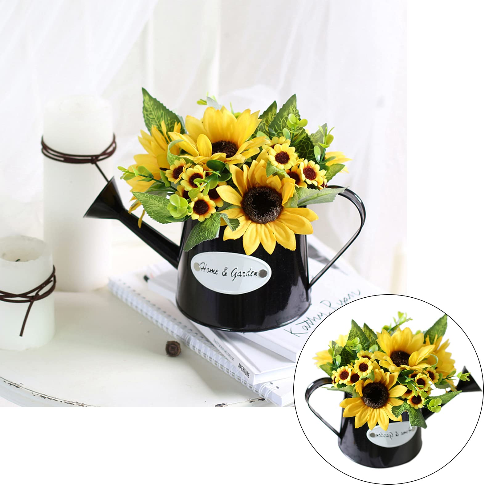 Takefuns Artificial Sunflowers and Metal Kettle Potted, Artificial Sunflowers Bouquet in Pot Bonsai, for Home Office Garden Party Wedding Table Decor