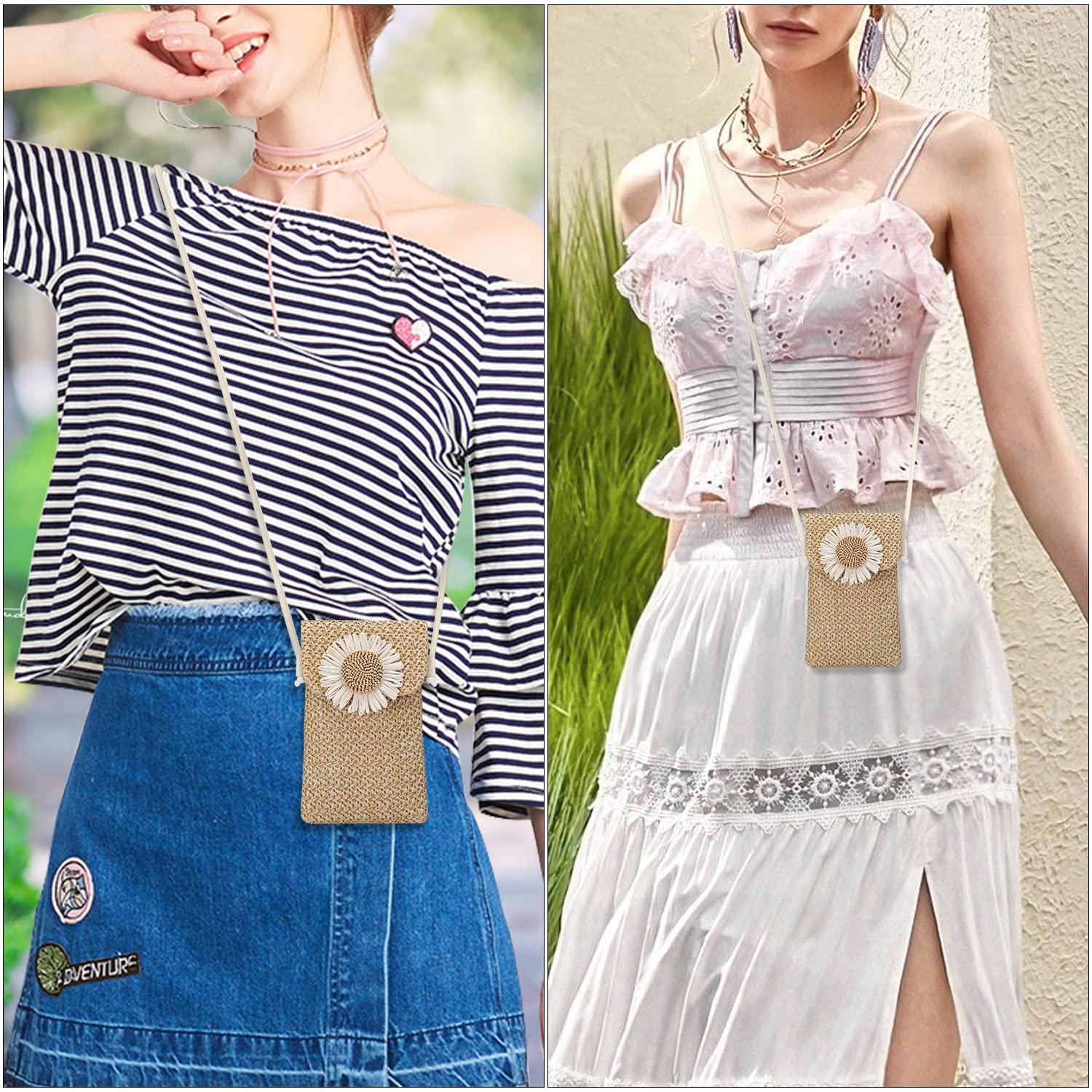 Soleebee Boho One Shoulder Crossbody Phone Bag Small Shoulder Bag Mini Wallet for Women Storage Bag Woven Leather Trim Phone Bag Compatible with Multiple Phone Sizes, Daisy A