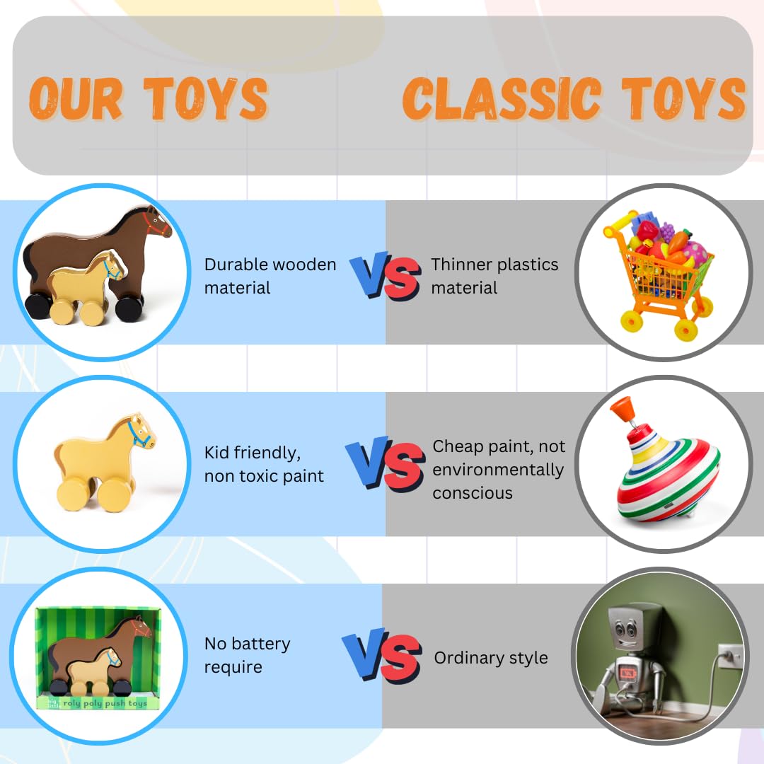 Jack Rabbit Creations Big & Little Horse Push Toy Adorable Nesting Animals Set is 2 Toys in 1 β Classic Rolling Wooden Toy β Develops Hand Eye Coordination & Motor Skills - Ages 18+ Months