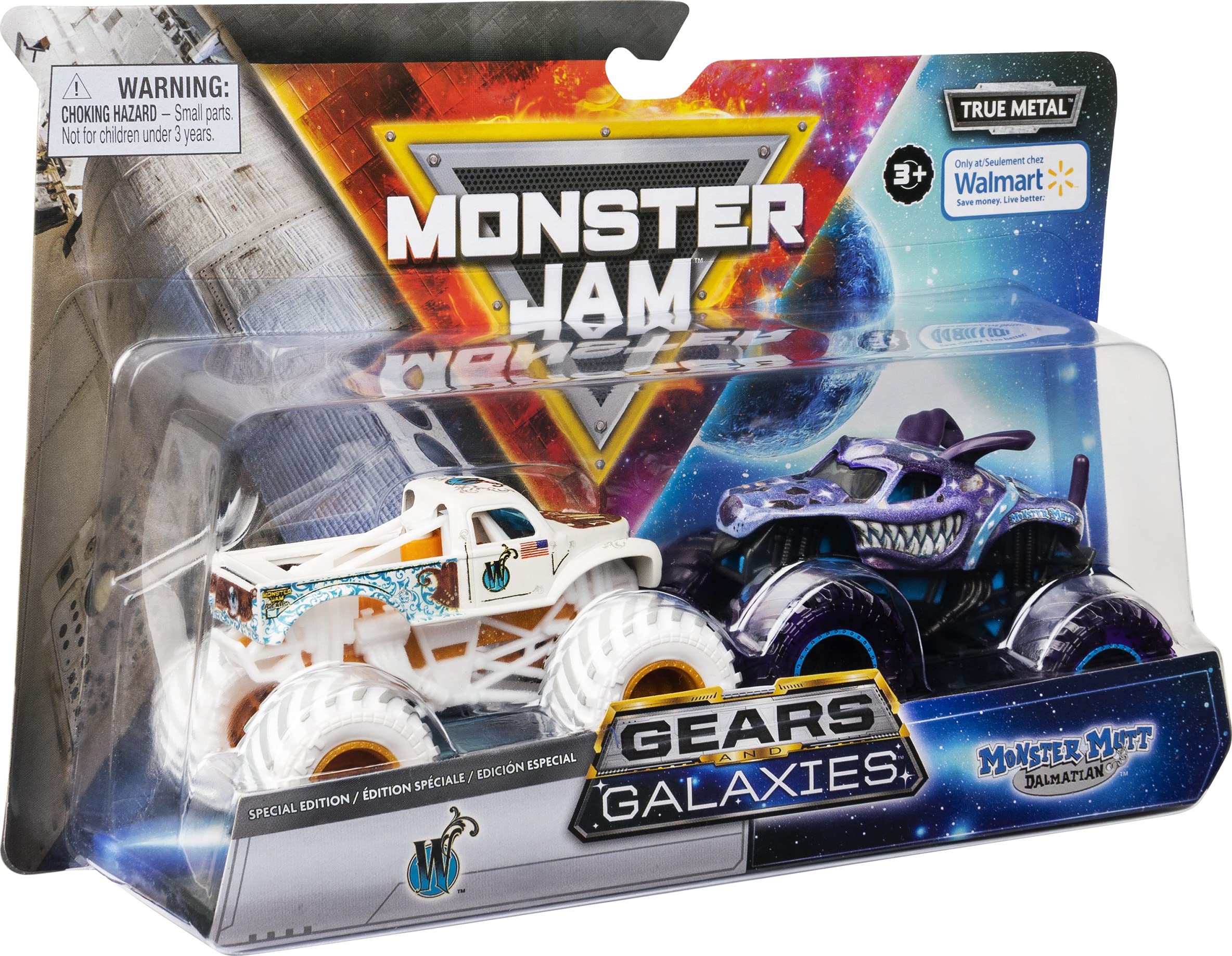 Monster Jam 2021 Spin Master 1:64 Diecast Exclusive Gears and Galaxies 'W' Whiplash vs Monster Mutt Dalmatian