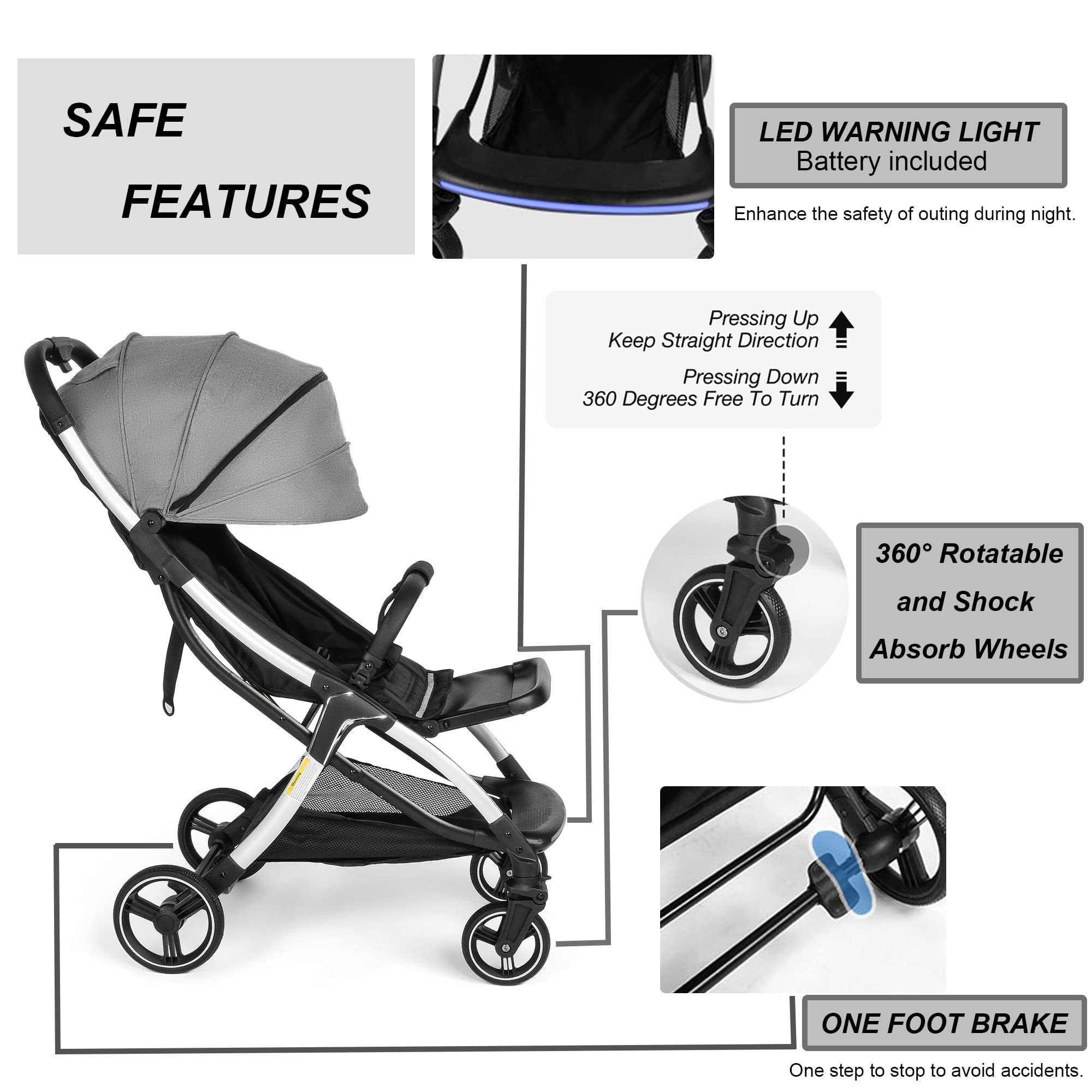 COLOR TREE Lightweight Stroller Foldable Compact Travel Stroller for Airplane with One-Hand Fold Pushchair Adjustable Canopy & Reclining Backrest for Babies Toddlers