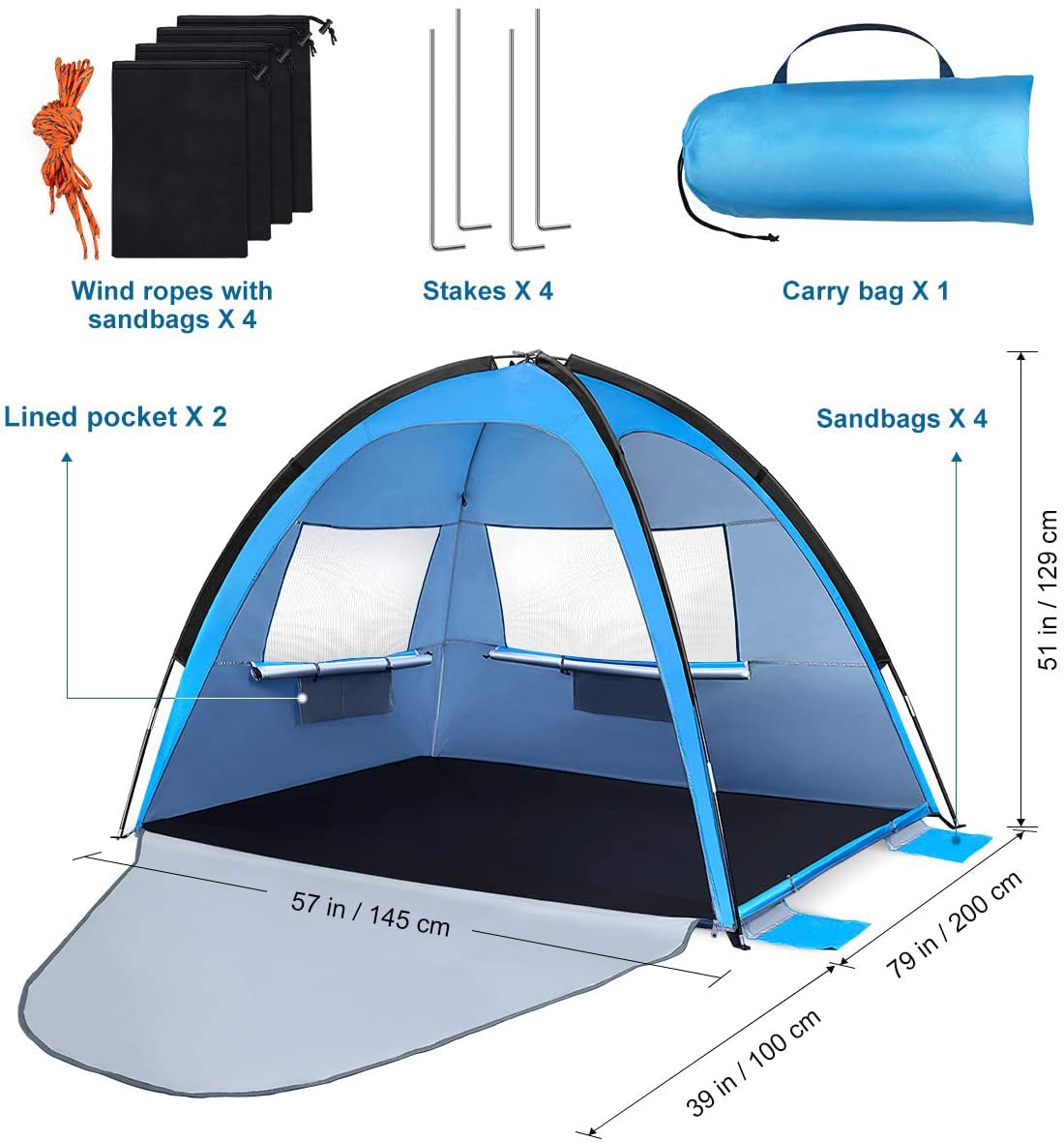 Beach Tent Sun Shade Shelter: 3-4 Person Large Anti-UV Windproof Portable Lightweight Tent Canopy Cabana with Extendable Floor Outdoor