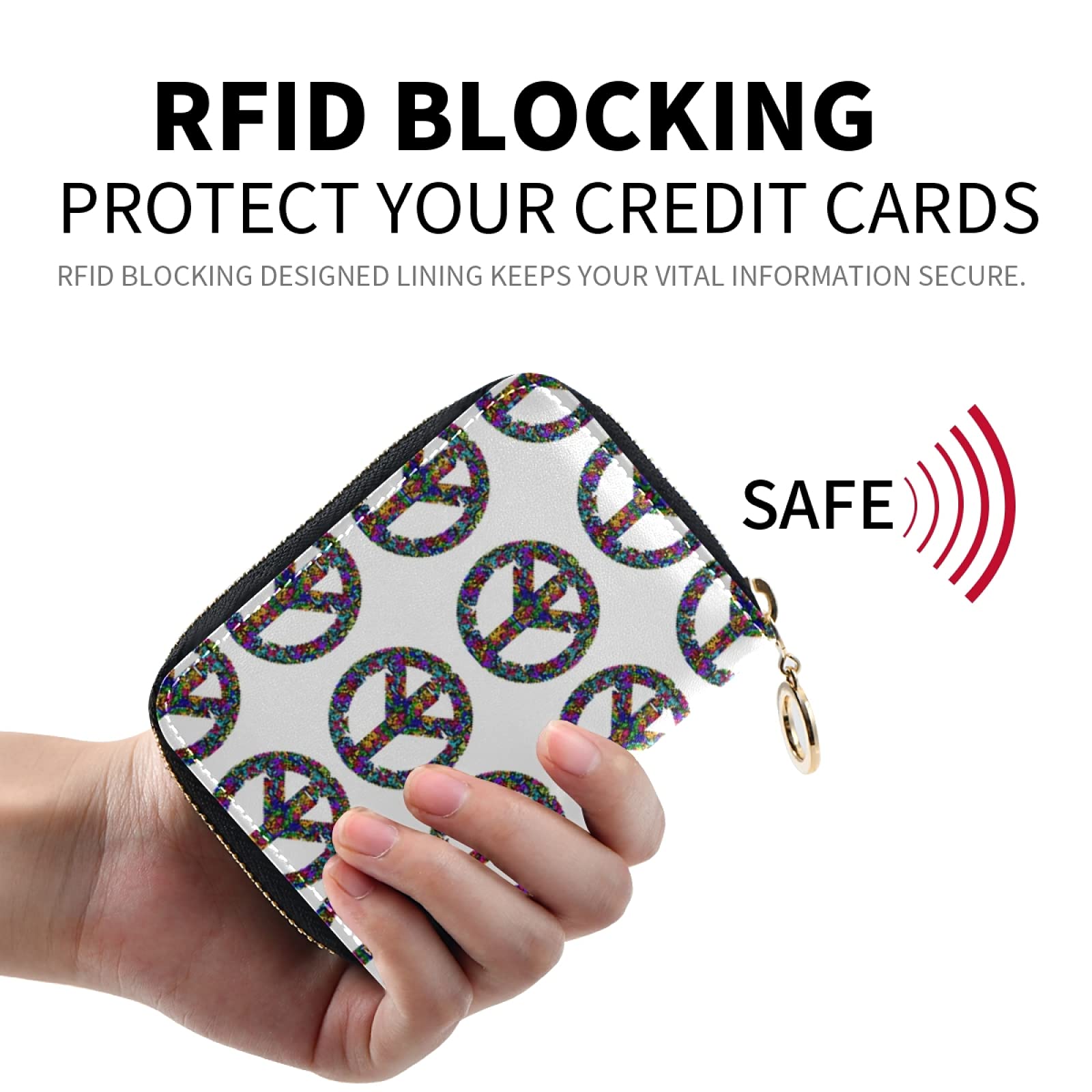 Peace Signs Seamless On White Credit Card Coin wallet, RFID Blocking Compact Women Leather Card Holder, Key Change Organizer, Zipper Purse Clutch Pouch Pocket