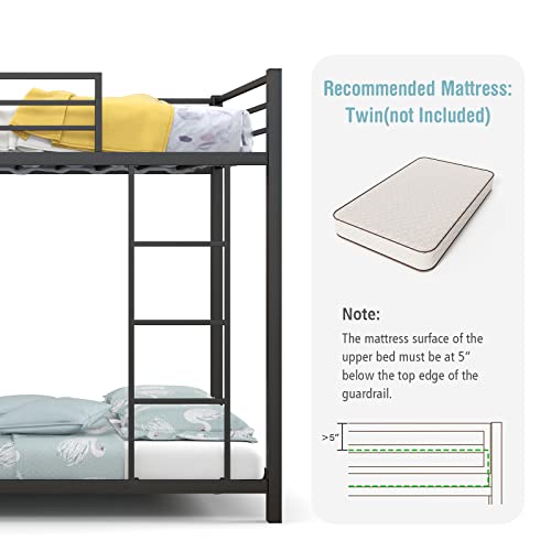KOMFOTT Metal Low Bunk Bed Twin Over Twin, Heavy Duty Bunk Bed Frame with Ladder & Full-Length Guardrails, Metal Slatted Floor Bed Frame for Teens & Adults, No Box Spring Needed (Black)