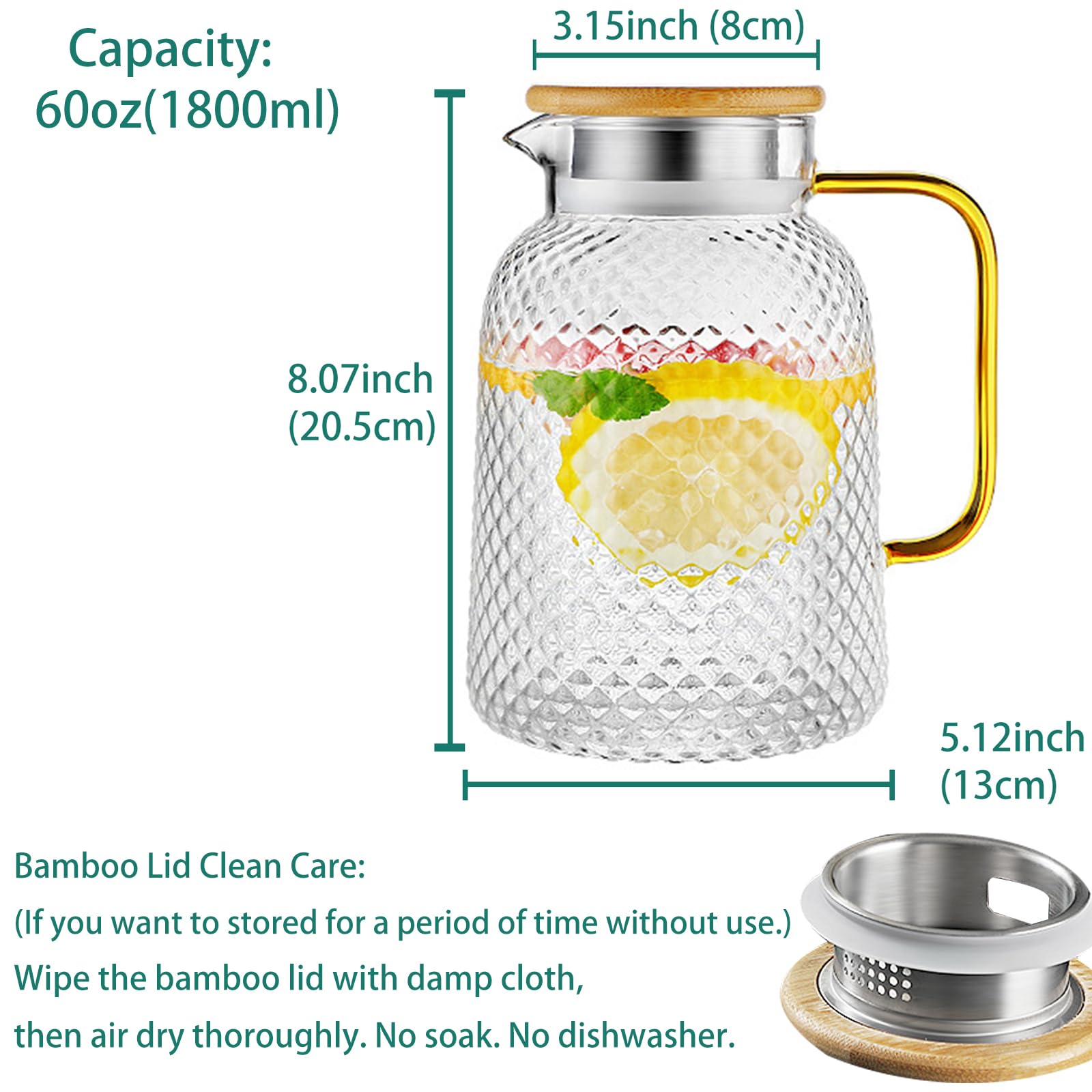 BPFY 1 Pack 60oz Glass Pitcher, Glass Pitcher with Lid and Spout, Glass Water Pitcher, Iced Tea Pitcher for Fridge, Glass Carafe for Cold or Hot Beverages,Glass Jug for Water, Sun Tea, Milk