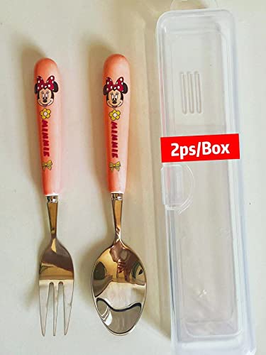 Meet Beauty Ding 1Set Stainless Steel Minnie Spoon Fork Set Pink Kid's Flatware with A Container Girl Children's Tableware Female Student's Cartoon Dinnerware Meal Tool(Made in China