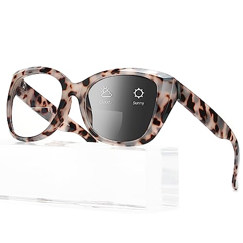 KISDATE OPTICS Glamorous Photochromic Bifocal Reading Glasses Sunglasses women Driving/Reading/Sunbathing Designer Jackie O Frame UV 400 Protection Outdoor Vintage Sun Readers (Leopard +1.5)
