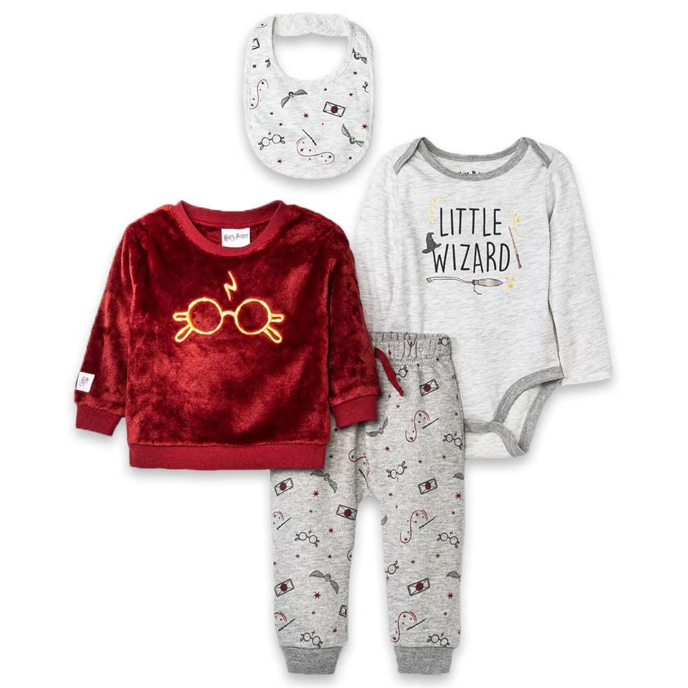 Harry Potter Boys Infant One Piece Bodysuit Long Sleeve Sweatshirt Jogging Pants and Bibs - 4 Piece Cozy Set (Burgundy/Grey, 0-3 Months)