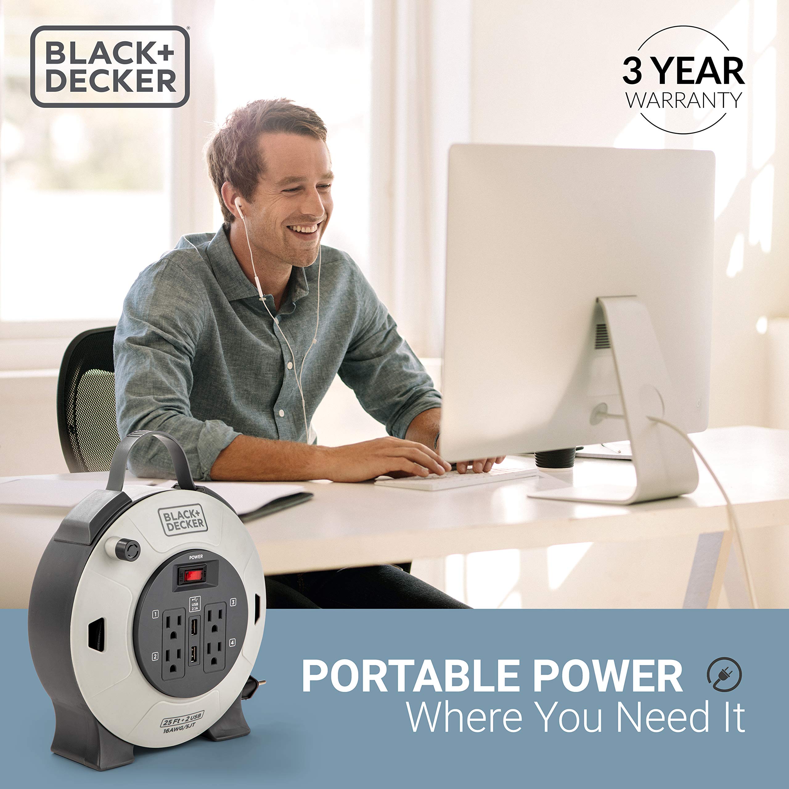 BLACK+DECKER Retractable Extension Cord Reel 20 Ft. With 4 Outlets, Multi-Plug Extension, Thermal Breaker Reset Button & Heavy-Duty 16AWG SJT Cable