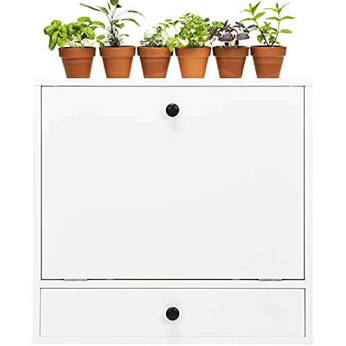 COSTWAY Wall-Mounted Computer Desk, Floating Desk with Storage Drawer & Shelves, Fold-up Desktop & Pneumatic Springs, Ideal for Home, Office, Dormitory, Small Spaces (White)