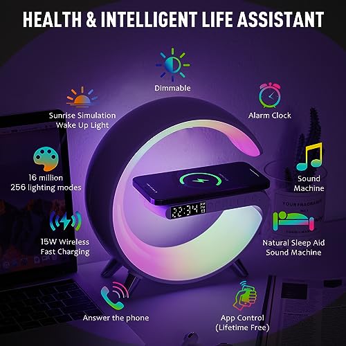 KISSONU Led Night Light Intelligent Atmosphere Lamp Wireless Charger Bedside Lamp Sunrise Wake-Up Lamp Polar Lamp Alarm Clock App Control for Heavy Sleepers Adults for Bedroom Dorm Gift (White)