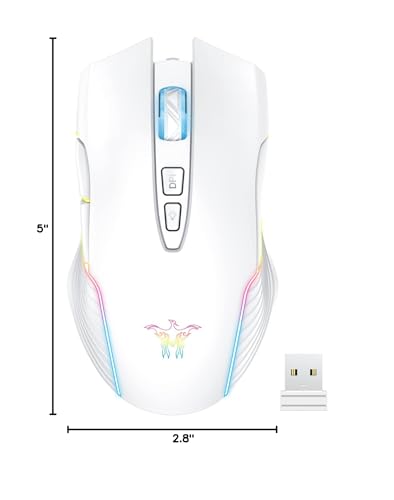 PHNIXGAM Rechargeable Wireless Gaming Mouse, Ergonomic RGB Computer Mouse with 2.4G Receiver, RGB Backlight, Adjustable DPI Up to 3600, 7 Buttons (Not Programmable) for Windows Vista Linux (White)