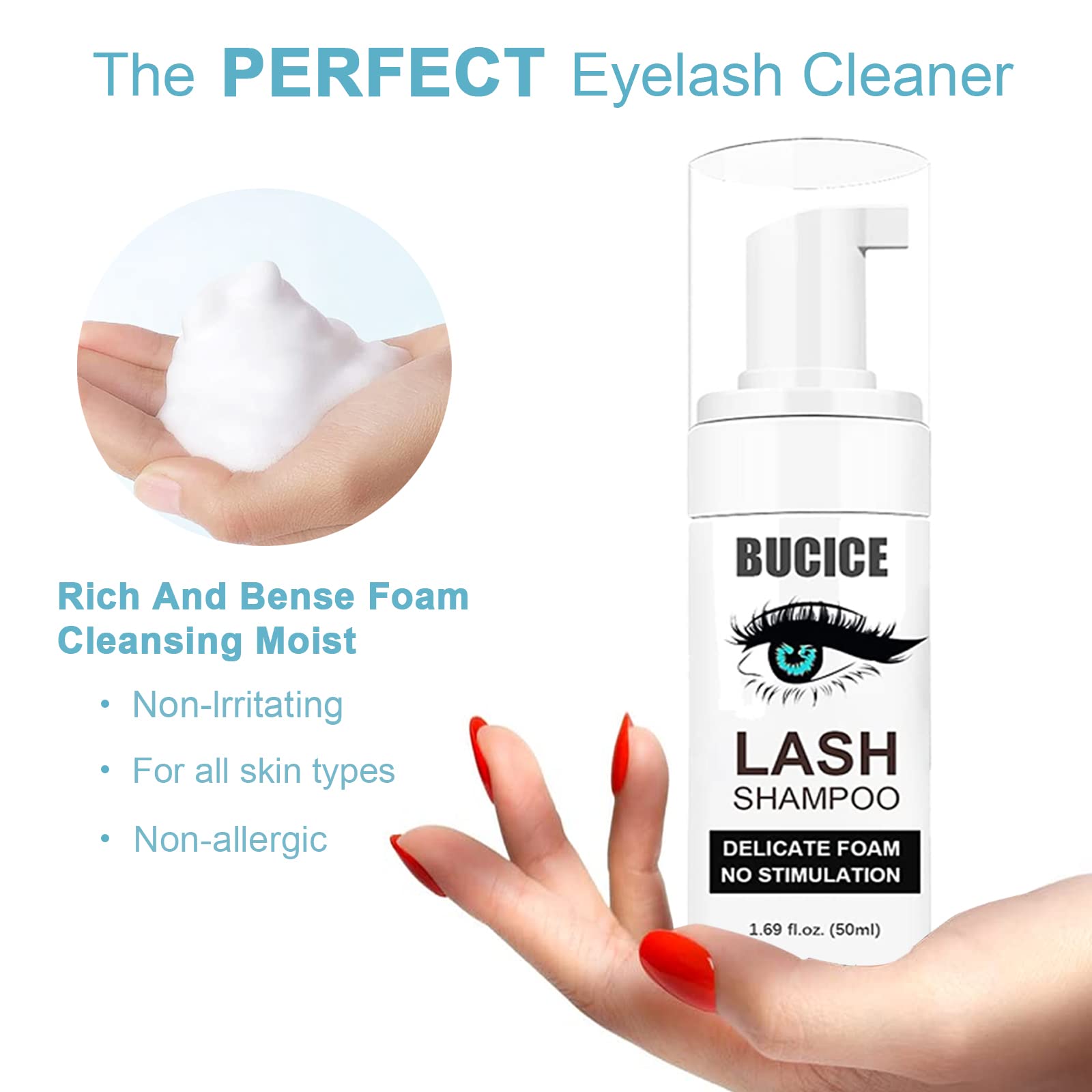 BUCICE Eyelash Extension Kit, 50ml Lash Shampoo Lash Mousse for Eyelash Extensions Cleanser, Lash Fan USB Handheld Air Conditioning Blower Fan, with Mascara Brushes Nose Brushes and Wash Bottle Set
