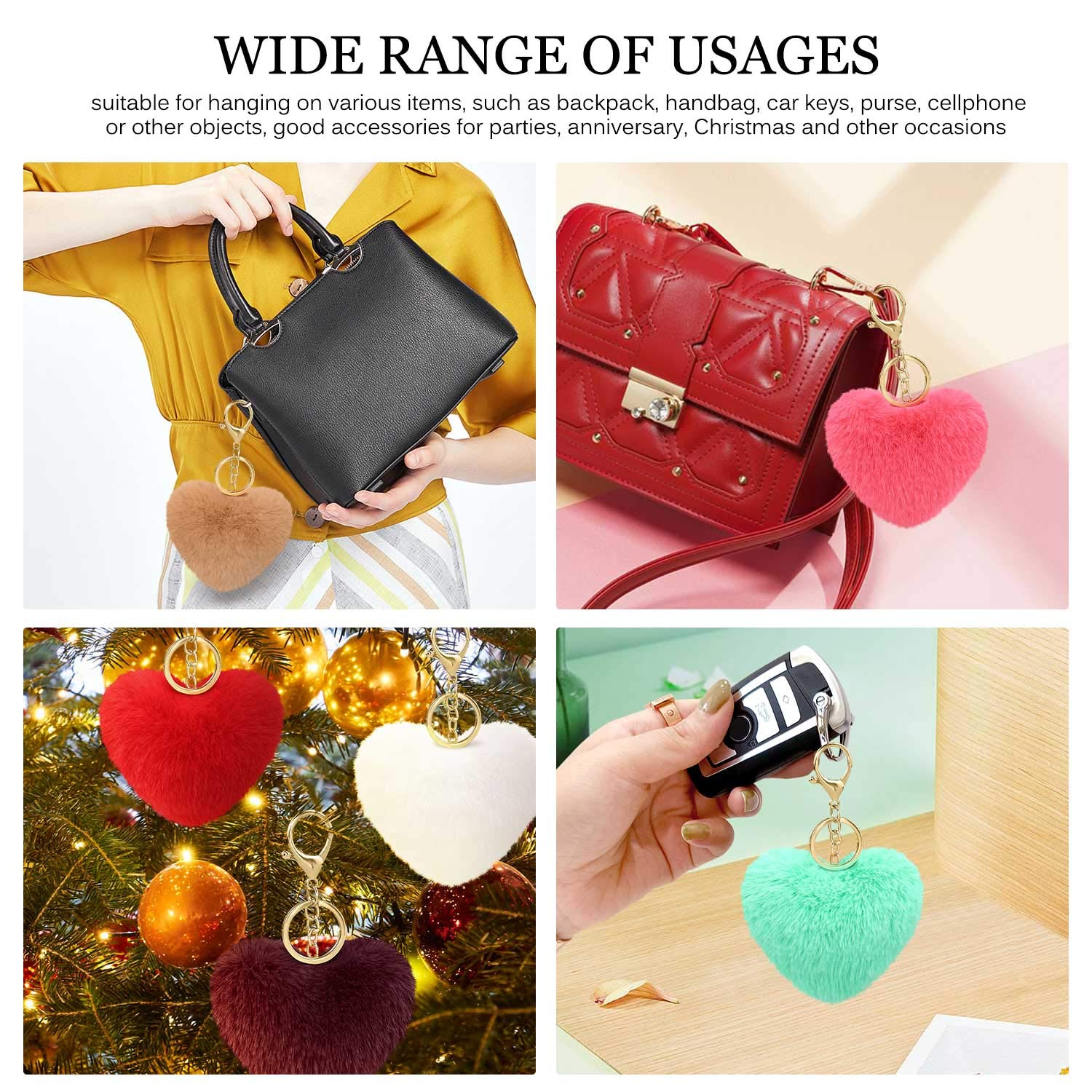 Colored Pom Pom Keychain Bulk Heart Fluffy Fur Puff Ball Key for Women (24pcs)