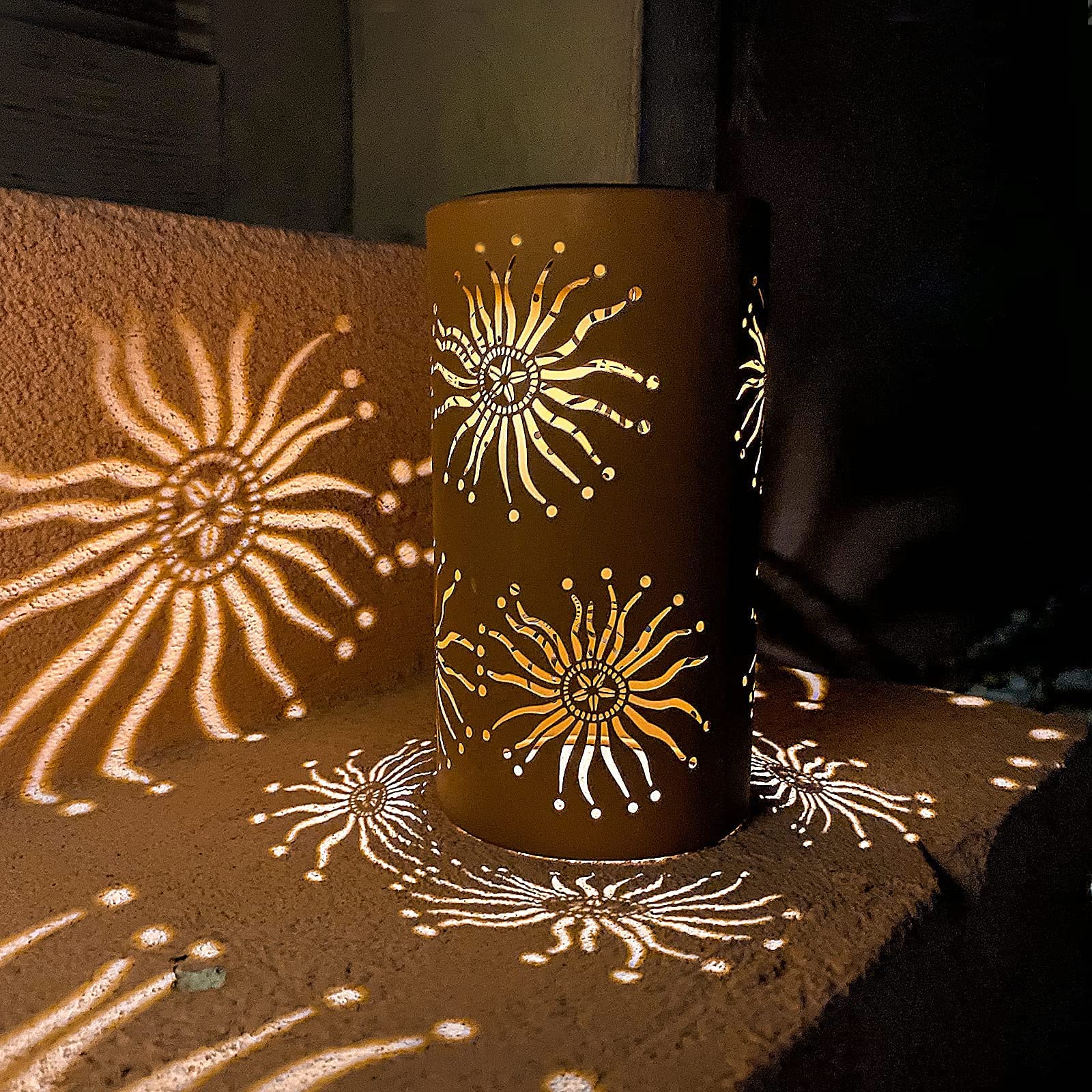 pearlstar Outdoor Solar Table Lamp 2pack Metal Sunflower Shape Solar Lantern Lights, Retro Orange Finish, Outside Decor for Patio Garden Yard Pathway Tabletop Waterproof(Sunflower)
