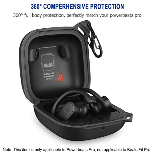 HIETON Silicone Case for Powerbeats Pro, Anti-Break Anti-Lost & Shockproof Easy Carrying Unique Dual Hole Portable Protective Case Cover with Carabiner for 2019 Newest Beats Powerbeats Pro(Black)