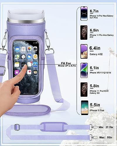 OriJoy Water Bottle Carrier Holder Pouch with Phone Pocket for Stanley Quencher H2.0 & Adventure 40 oz Tumbler, Protector Sleeve with Strap