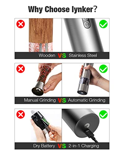 Gravity Electric Salt and Pepper Grinder Set, Automatic Upgraded Pepper and Salt Mill with Charging Base, Adjustable Coarseness and LED Light, One Hand Operation (Silver)