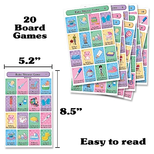 More Fiesta Baby Shower Bingo Bilingual - English Spanish, for 20 Players