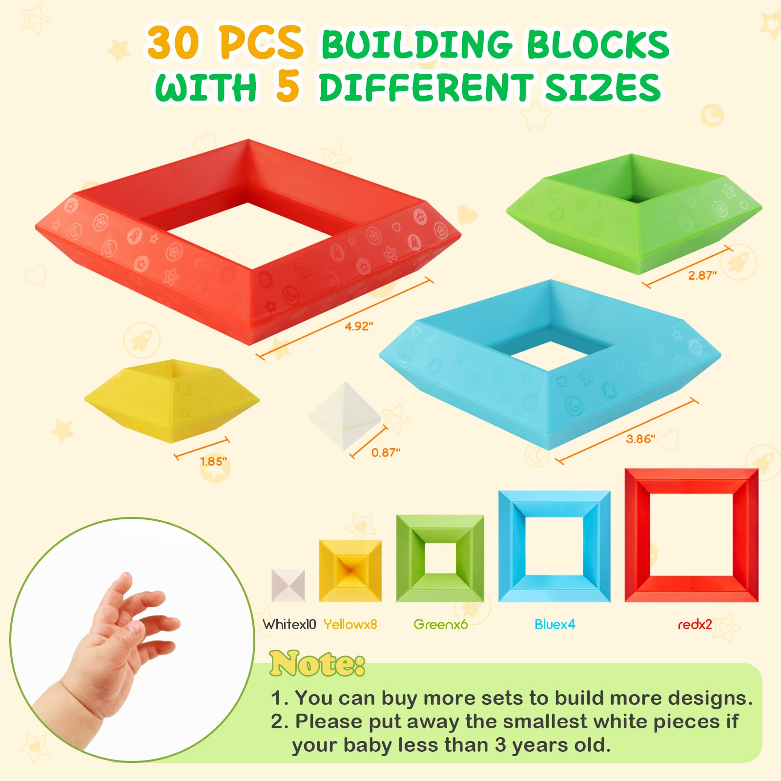 Building Blocks Stacking Toys for Kids, Stacker Toy 3D Puzzle Stem Toys Pyramid Speed Cube, Creative Preschool Learning Educational Toys for 3 Years and up Boys & Girls (30 Pcs)