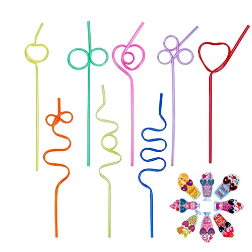 Crazy Straws,Reusable Straws,64pcs Reusable Straws with Valentine's Day Cards, Loop Novelty crazy straws and Valentines Cards for Classroom Exchange Prizes, Valentine Party Favors,Various Parties