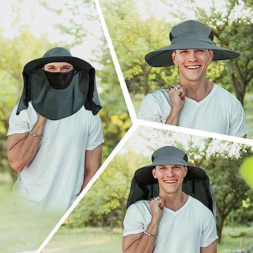 Fishing-Sun Hat Men UV-Protection Neck-Flap - Bucket Hat with Removable Face Cover & Neck Flap Wide Brim UPF 50+ Hiking Hat for Men and Women,Grey