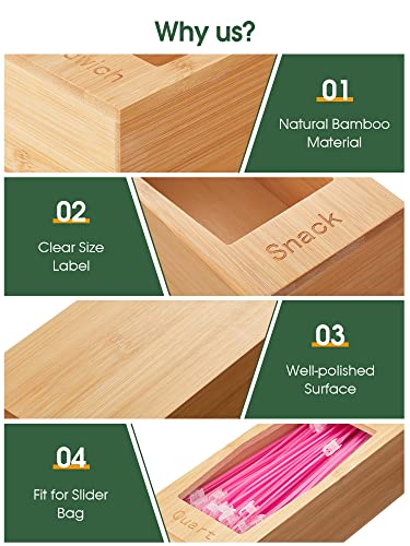 Kootek Ziplock Bag Organizer, 4 Pack Bamboo Food Storage Bag Holders Baggie Organizers Boxes for Kitchen Drawer Suitable for Gallon, Quart, Sandwich, Snack and Variety Size Bags