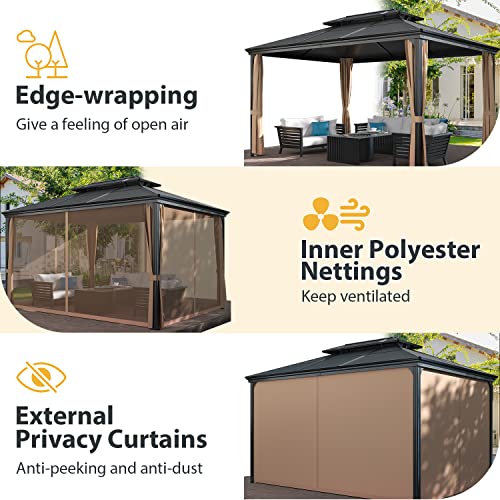 Greesum 10'x13' Hardtop Polycarbonate Gazebo, Outdoor Steel Double Roof Canopy, Aluminum Frame Permanent Pavilion with Netting and Curtains for Patio, Backyard and Lawns