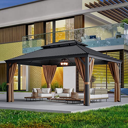 Greesum 12'x16' Hardtop Metal Gazebo, Outdoor Galvanized Steel Double Roof Canopy, Aluminum Frame Permanent Pavilion with Netting and Curtains for Patio, Backyard, Deck and Lawns