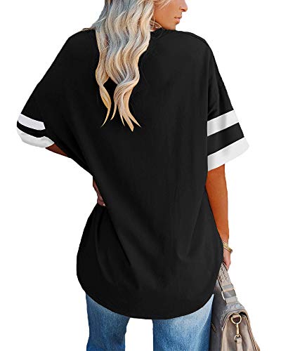 Fisoew Womens Oversized Tees Loose T Shirts Half Sleeve Crew Neck Color Block Cotton Tunic Tops Black