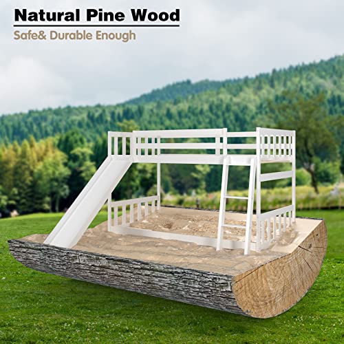 GORELAX Twin Over Twin Size Bunk Bed with Slide, Loft Low Bunk Beds, Wood Floor Bed Frame with Ladder & Guardrail, No Box Spring Needed, Space-Saving Modern Bunk Bed for Kids, Adults (White)