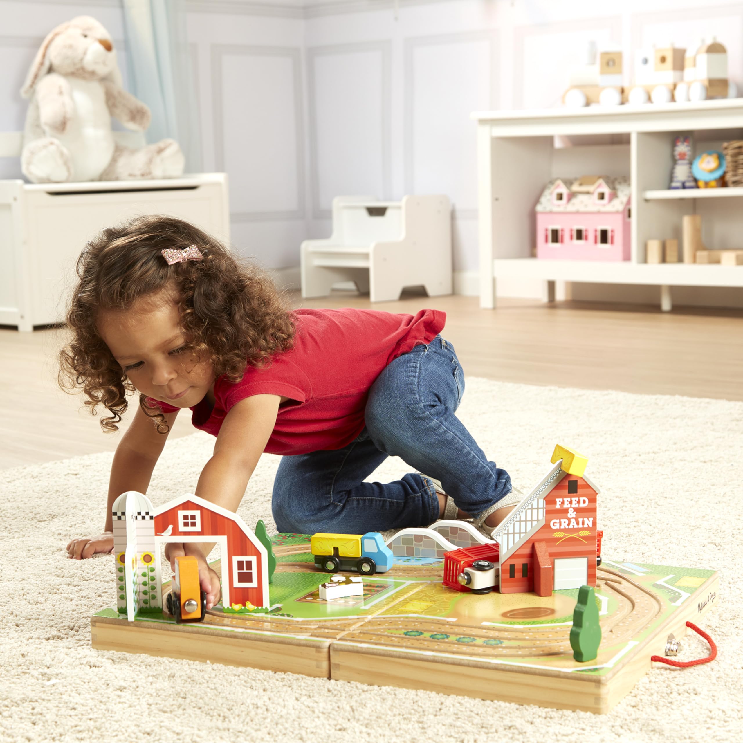 Melissa & Doug 17-Piece Wooden Tabletop Farm Playset With 4 Vehicles, Grain House & Play Pieces - Pretend Barnyard Toy For Toddlers Ages 1+