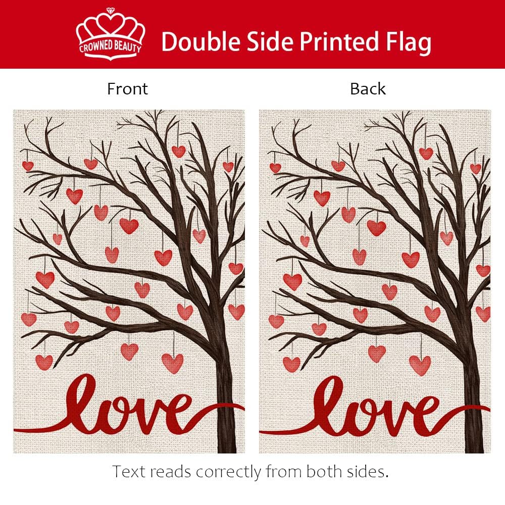 CROWNED BEAUTY Valentines Day Garden Flag 12×18 Inch Love Heart Tree Double Sided for Outside Small Burlap Holiday Yard Decoration