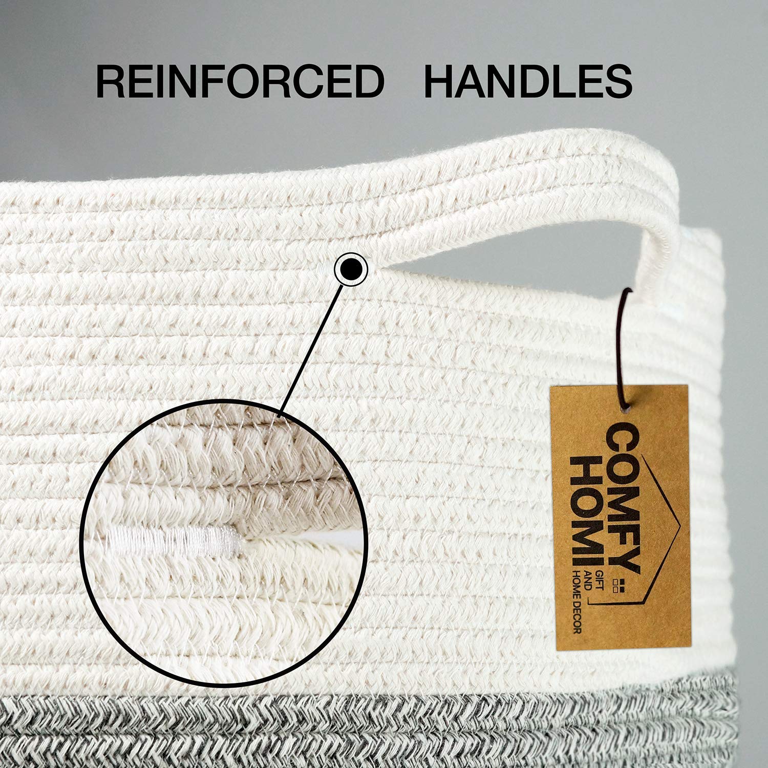 COMFY-HOMI Tall Rope Basket 18X16”(White and Grey)And Square cotton rope basket 13.5X11X9.5” with Handle (White and Dark Grey)