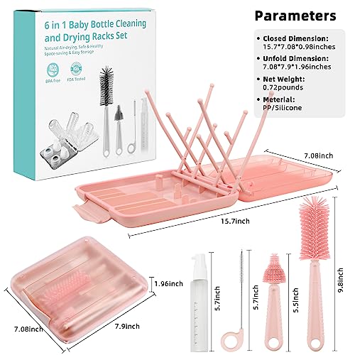 Maclined Travel Baby Bottle Cleaner Set with Drying Rack Extendbale Protable Silicone Bottle Brush, Nipple Cleaner Brush,Straw Brush Compact Size Baby Essential for Newborn & Moms