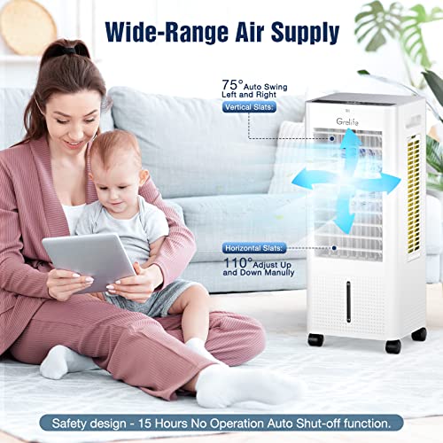 Grelife Evaporative Air Cooler, Portable Cooling Fan with 75° Oscillating, Humidifying, 1.58Gal Water Tank, 4 Ice Packs, Remote Control, 3 Speeds, 12H Timer, Personal Swamp Cooler for Room Home Office