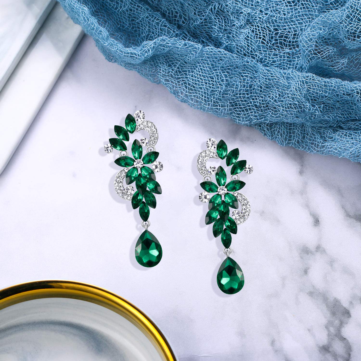 BriLove St Patricks Day Earrings Silver-Tone Dangle Earrings Women's Wedding Bridal Bohemian Boho Crystal Flower Chandelier Teardrop Bling Earrings Emerald Color.