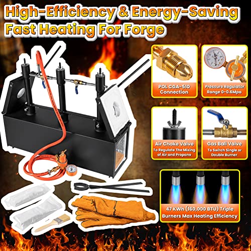 Triple Burners Portable Propane Gas Forge Three Burners 2600°F/1425℃ Large Capacity Square Forging Furnace for Blacksmithing Farrier Knife Tool Making Equipment with Tong & Gloves