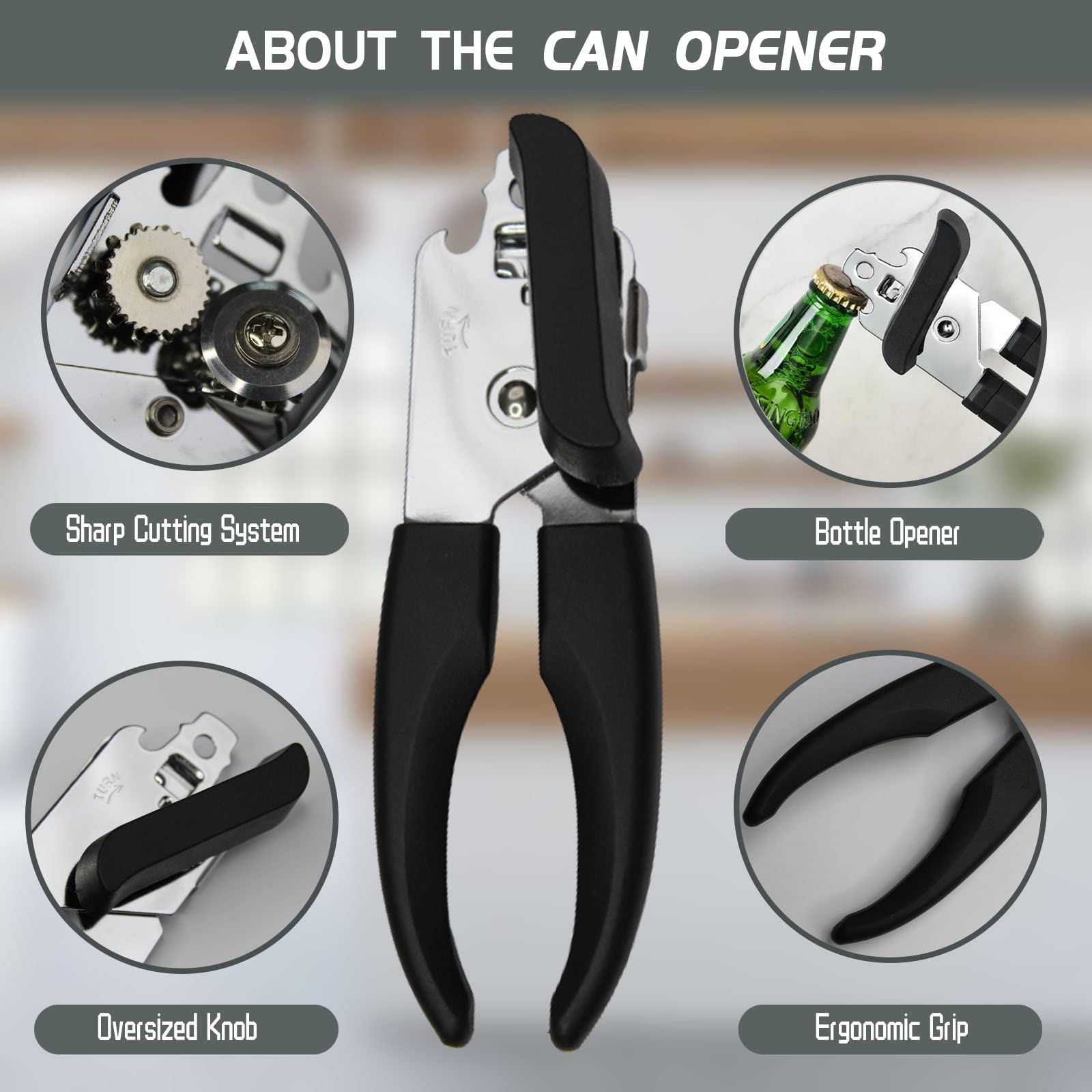 Can Opener Manual,Handheld Heavy Duty Can Opener Smooth Edge Comfortable Grip Safety Can Openers, Oversized Easy Turn Knob & Stainless Steel Sharp Blade,Ergonomic