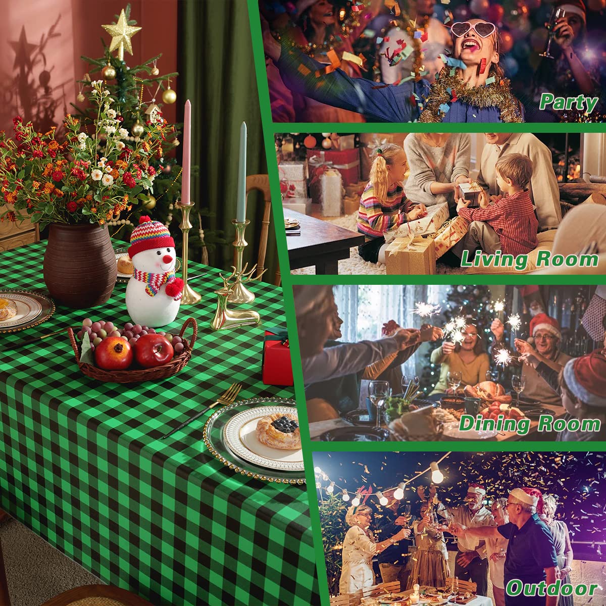 Buffalo Plaid Vinyl Christmas Tablecloth Rectangle 52 x 70 Inch With Flannel Backing, Waterproof & Anti Slip Plastic Tables Cloths, Heavy Duty Table Cover for Winter, Party & Holiday, Green and Black