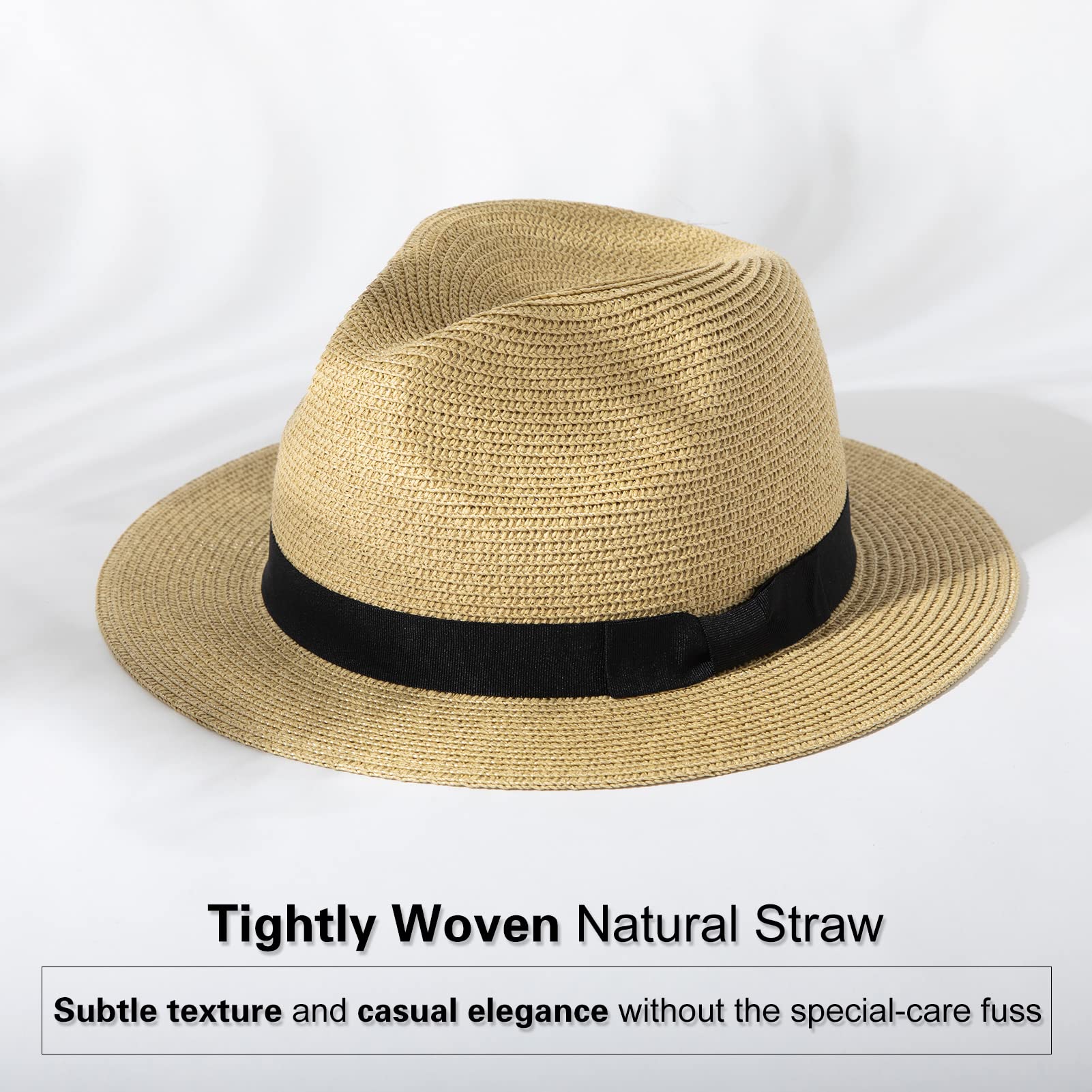 Comhats Men Sun Straw Fedora Hat for Women,Packable Beach Hat Wide Brim Panama Hat UV UPF 50+ Summer Hat Unisex Beige Large XXL