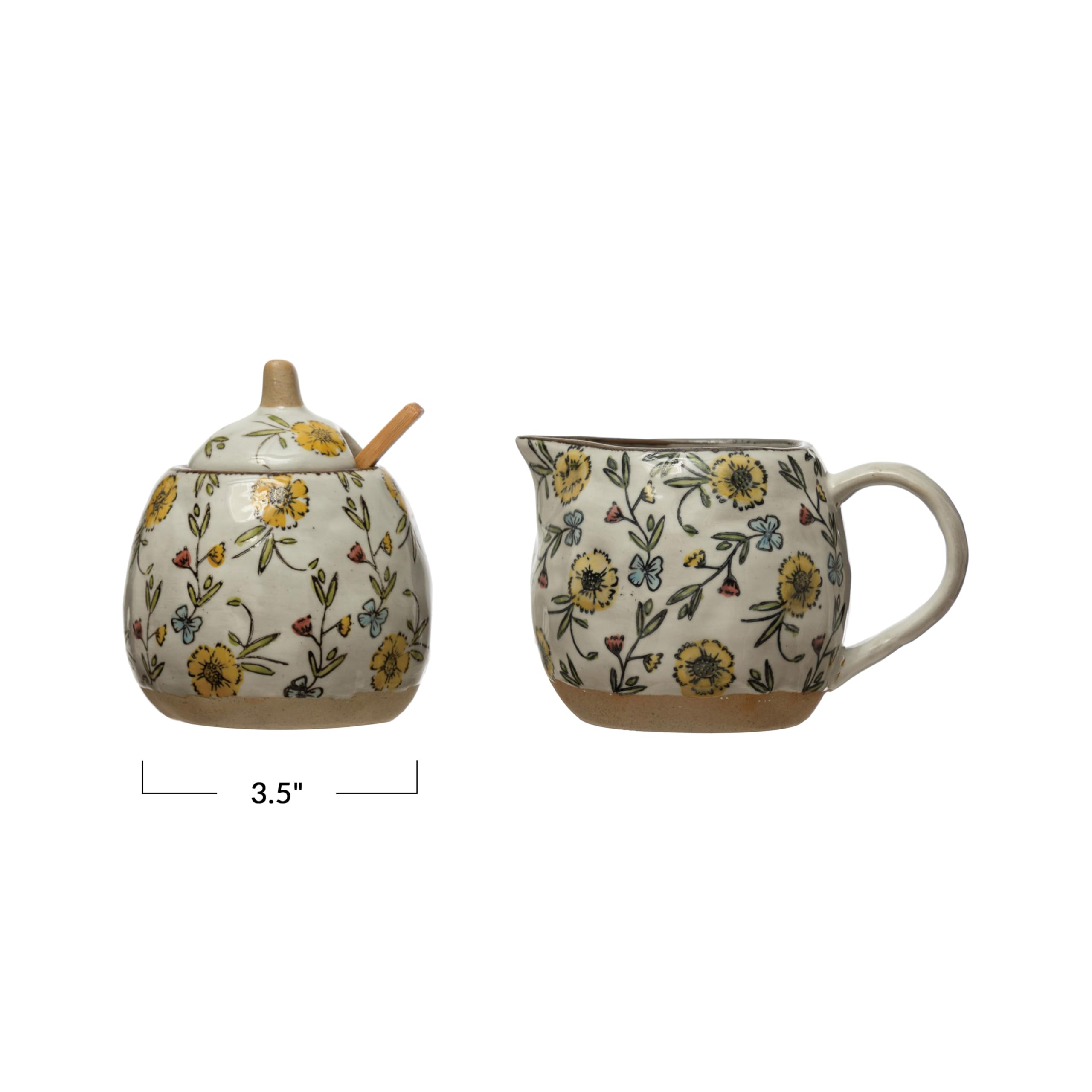 Creative Co-Op Hand-Painted Spoon and Lid, Stoneware Creamer, Set of 3 Sugar Pot, 9" L x 4" W x 4" H, Multicolor