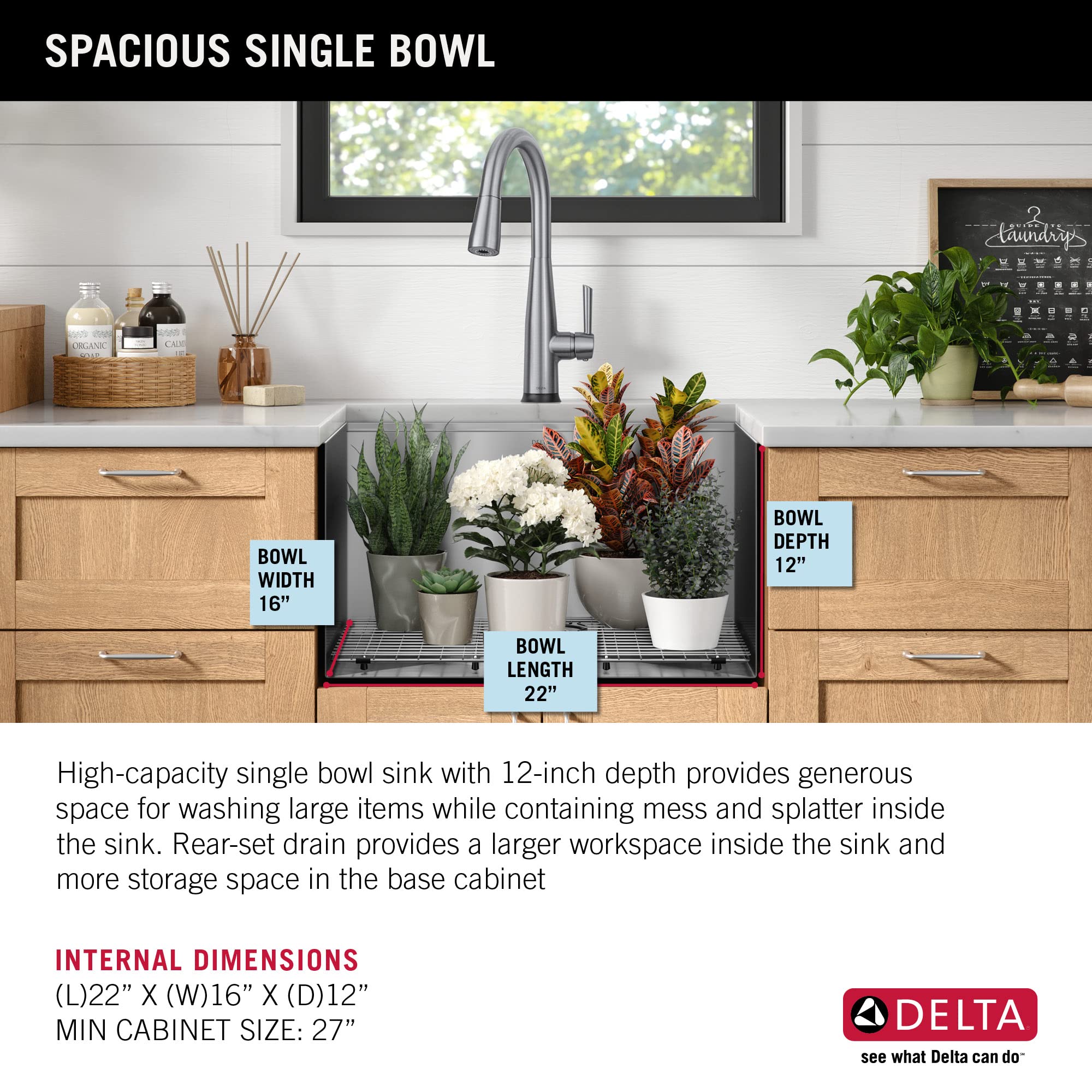 DELTA FAUCET Rivet 24-inch Workstation Laundry Utility Kitchen Sink Undermount 16 Gauge Stainless Steel Single Bowl with WorkFlow Ledge and a Kit of 5 Accessories, 95B9031-24SL-SS