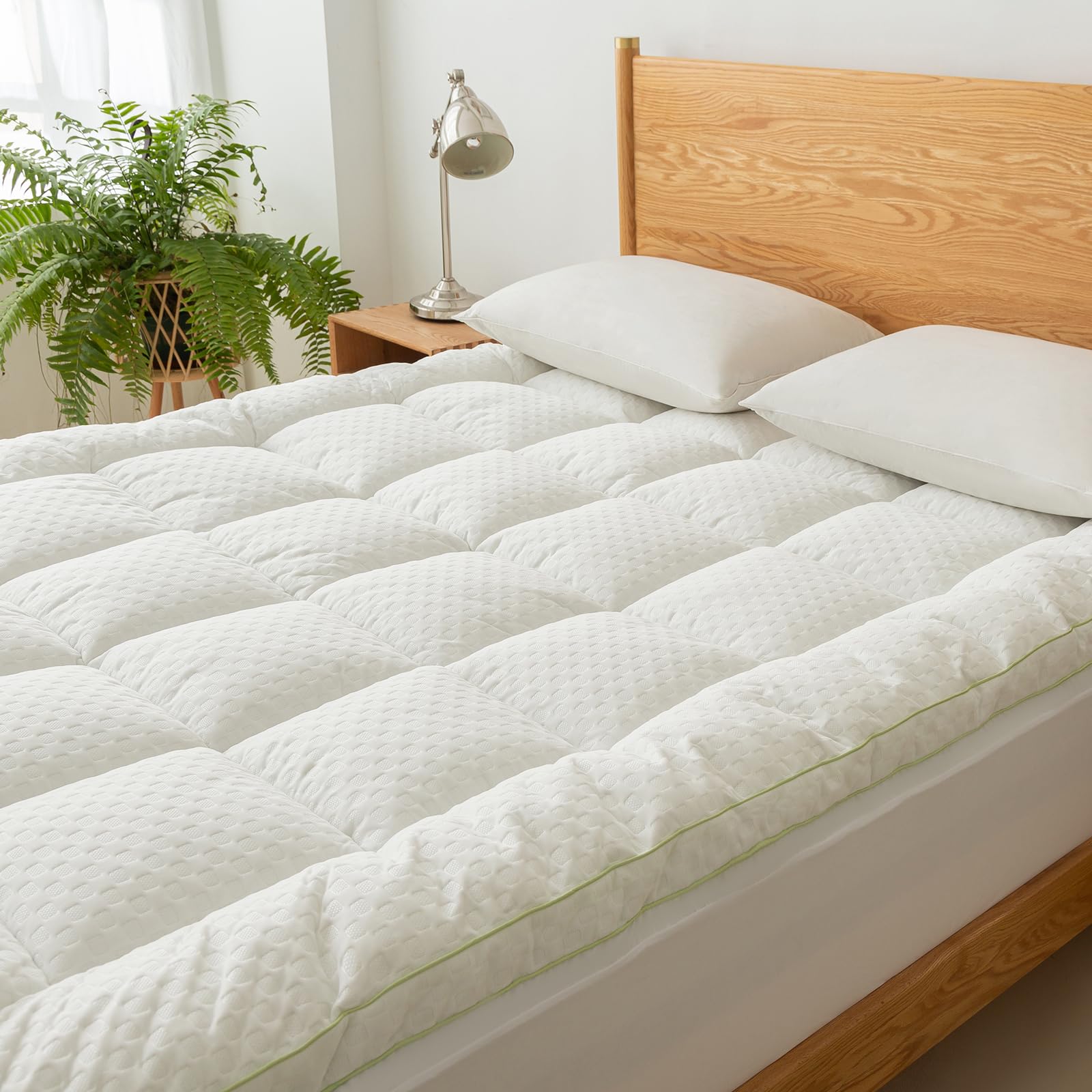 Cooling Mattress Topper Queen or Back Pain, Extra Thick Mattress Topper Cover, Plush Pillow Top Overfilled with Down Alternative, Deep Elastic Pocket, White