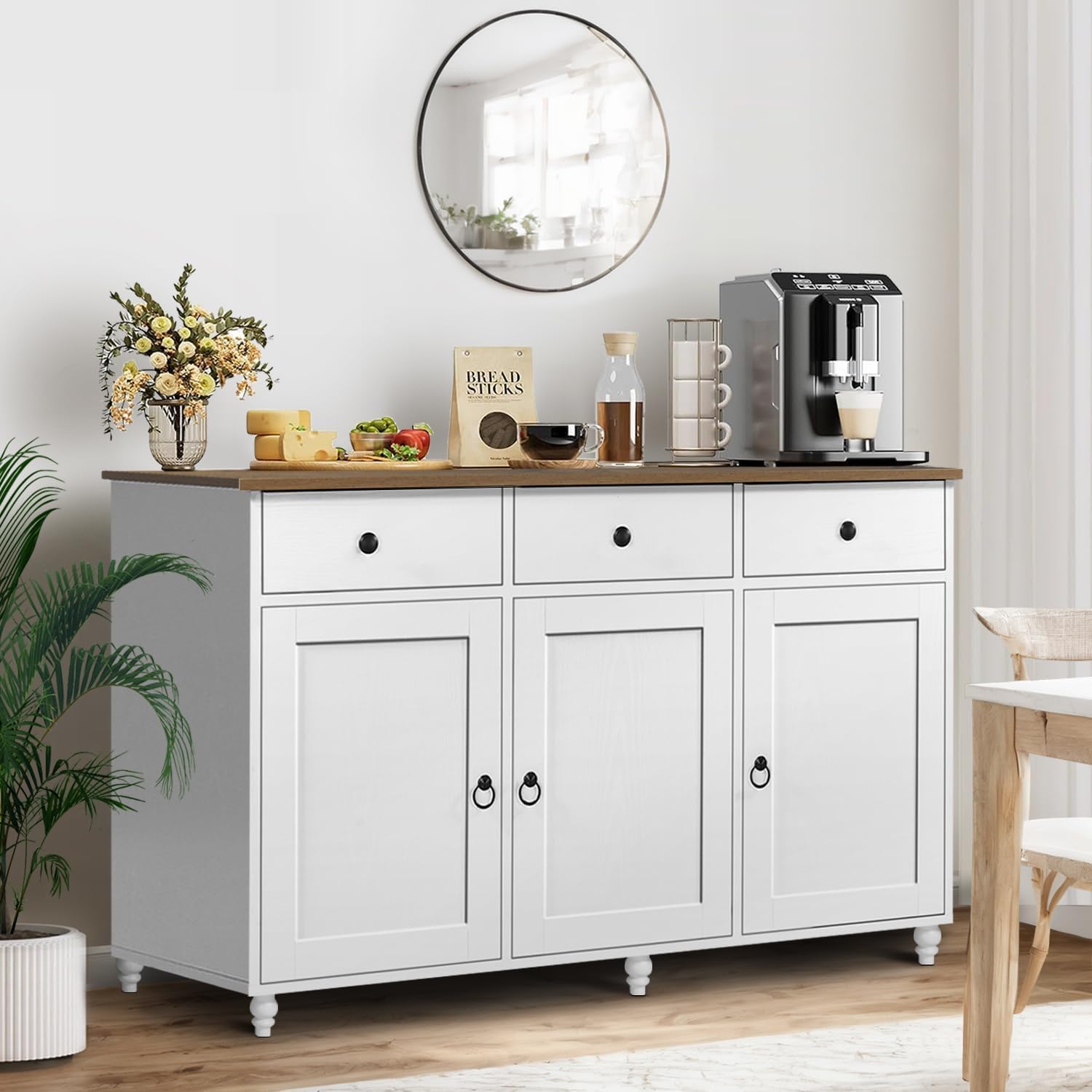 Buffet Cabinet with Storage, 47" Sideboard Buffet Cabinet with 3 Drawers and 3 Doors, Modern Farmhouse Kitchen buffet storage cabinet, Wood Buffet Table for Kitchen, Dining Room, Living Room, White