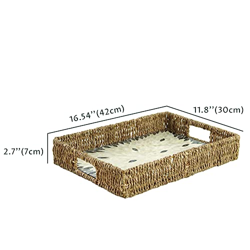MadeTerra Rectangular Seagrass Tray with Mother of Pearl Inlay Wooden Base Insert Handle, Decorative Nacre Serving Basket for Food, Coffee Table Decor, Decoration, Storage and Display…