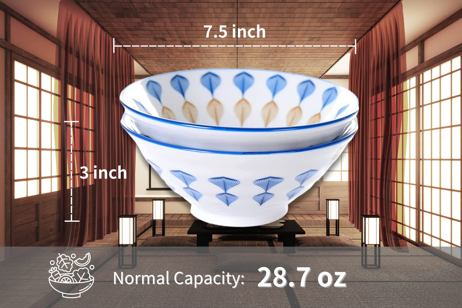 Braque Ceramic Japanese Ramen Bowl, Set of 2, 28.7oz Porcelain Bowls with Spoons – for Ramen, Pho, Udon, Soup, Salad – Asian Rustic Design, Chip Resistant, High Grade Lead & BPA Free - Leafage Echo